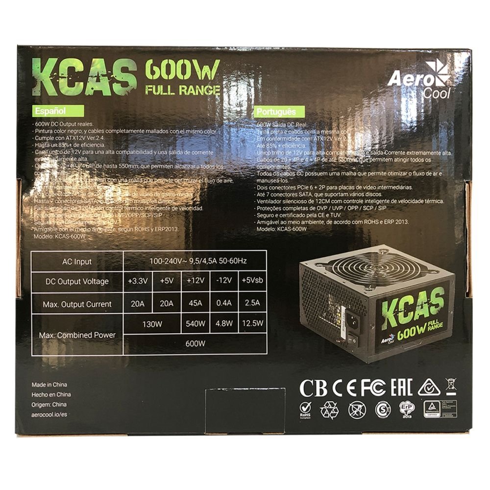 Fonte Gamer Aerocool Kcas 600w 80 Plus Bronze Full Range Pfc Ativo Efácil